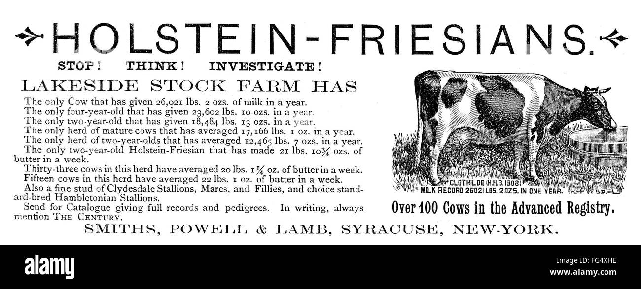 AD: CATTLE, 1887. /nAmerican magazine advertisement for Holstein ...