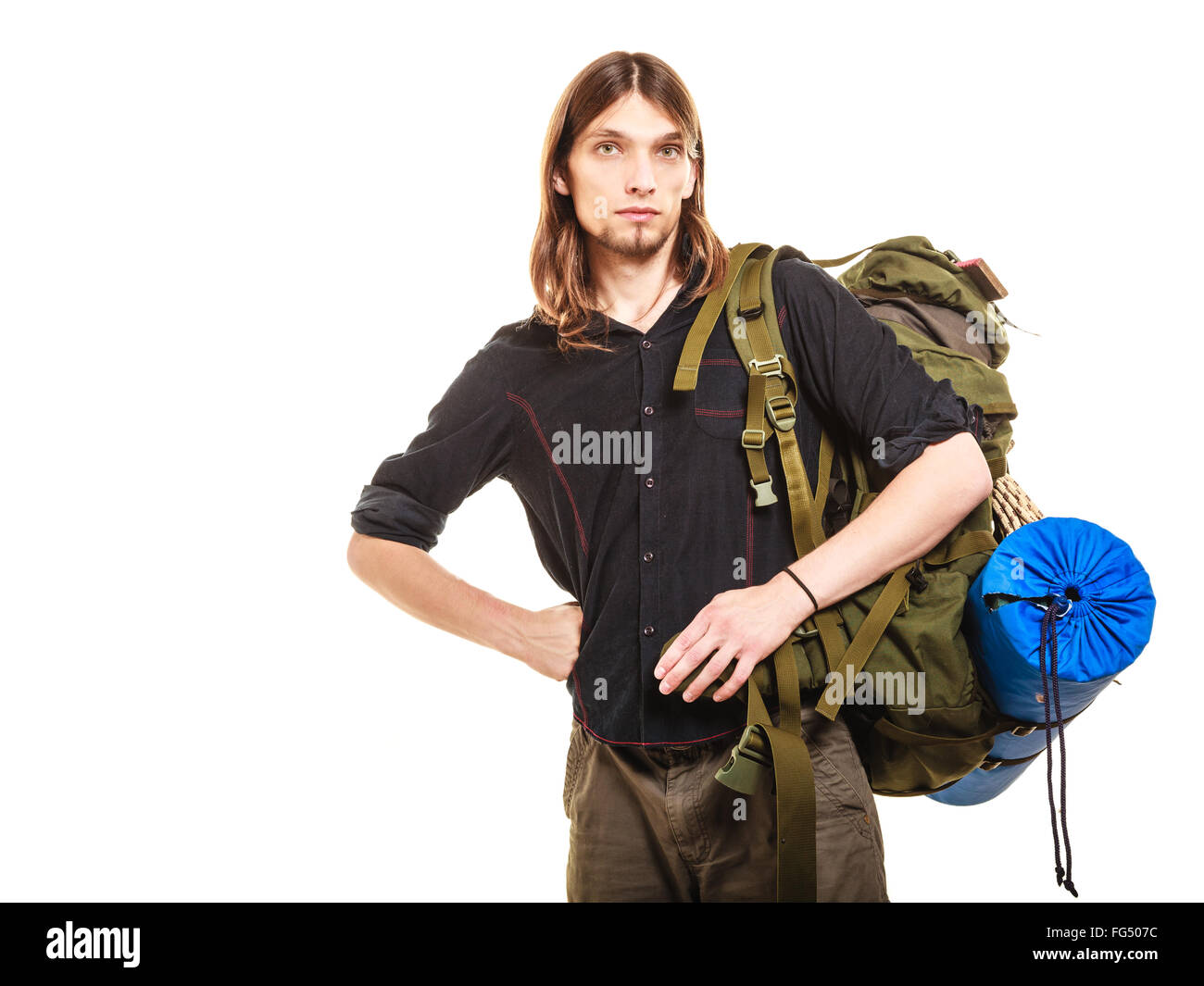 Portrait of man tourist backpacker on trip. Young guy hiker backpacking ...