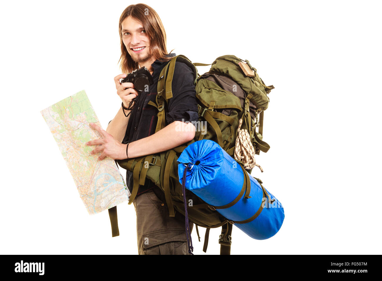 Man tourist backpacker on trip taking photo picture with camera. Young ...