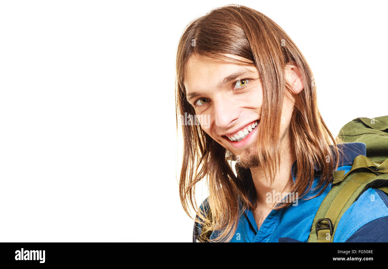 Portrait of man tourist backpacker on trip. Young guy hiker backpacking ...