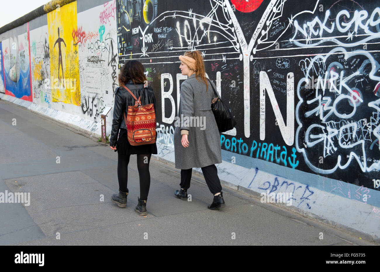 Tourists walking in front of the Berlin Wall at the East Side Gallery ...