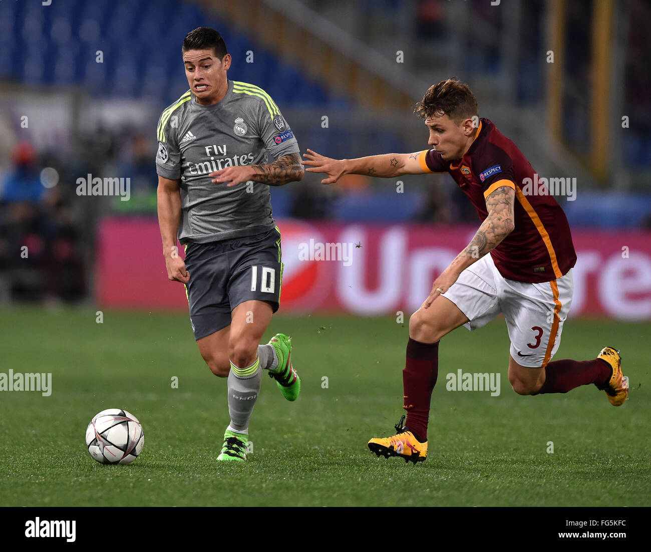 Rome, Italy. 17th Feb, 2016. Lucas Digne (R) of Roma vies with James ...
