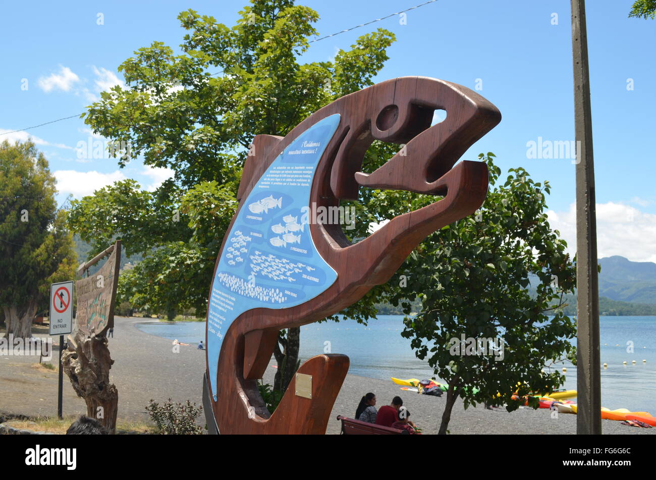 Salmon sculpture overlooking Lake Calafquen in the patagonian town of ...