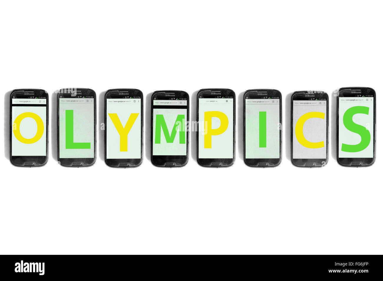 Olympics written on smartphone screens photographed against a white ...