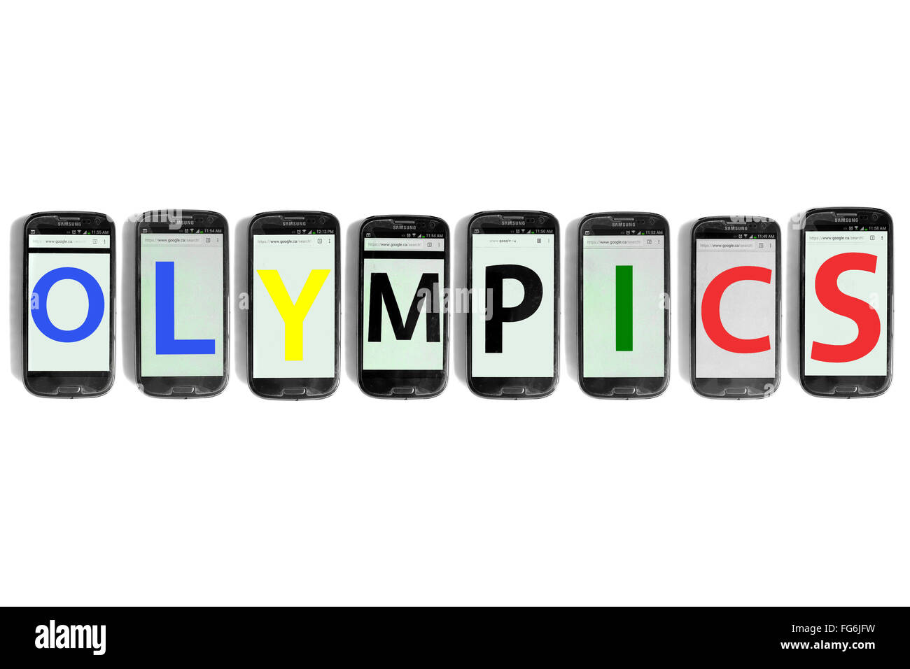 Olympics written on smartphone screens photographed against a white ...
