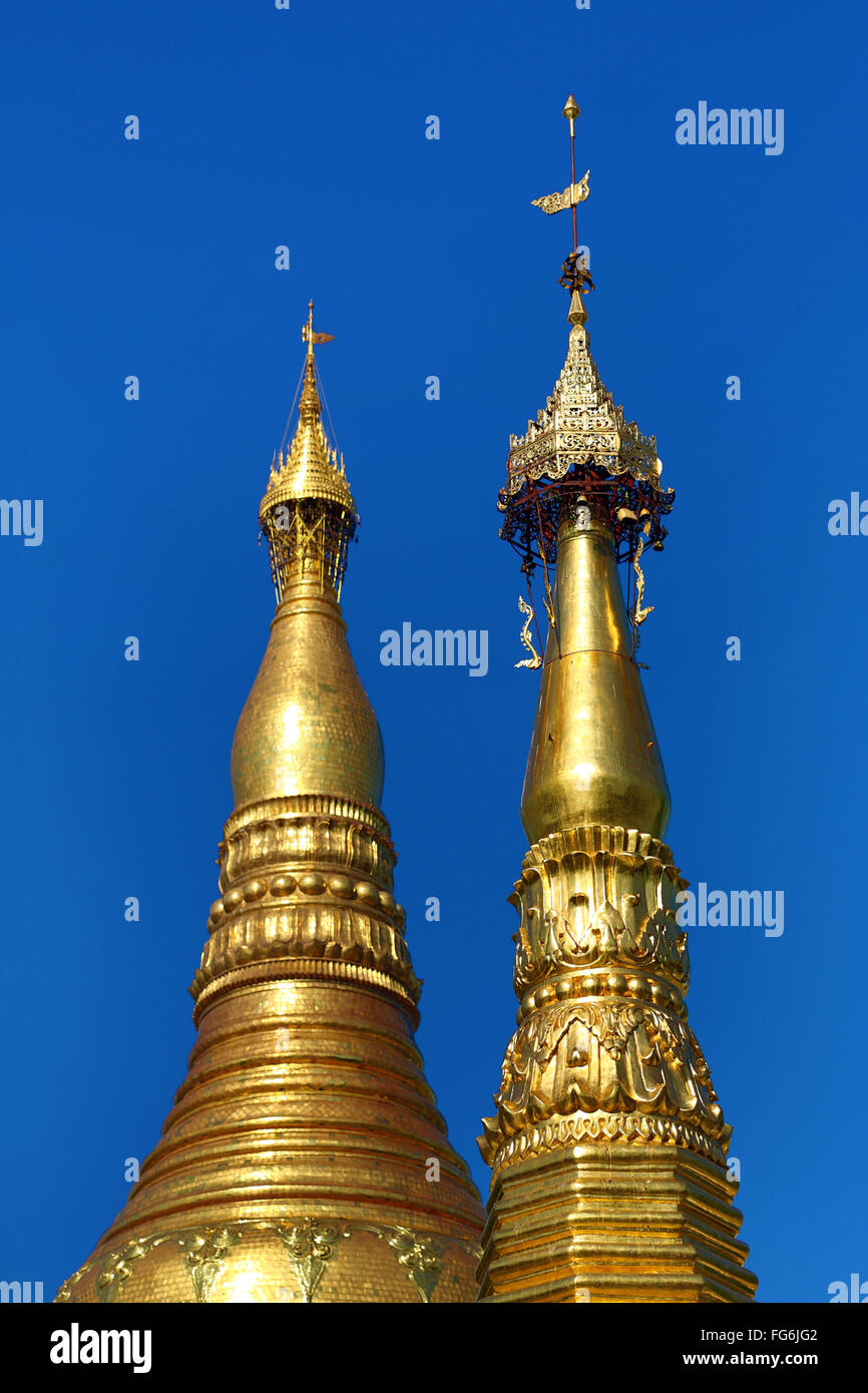 Gold stupa and spires at the Shwedagon Pagoda, Yangon, Myanmar Stock ...
