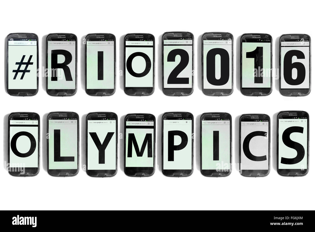 The hashtag #Rio2016Olympics written on smartphone screens photographed ...