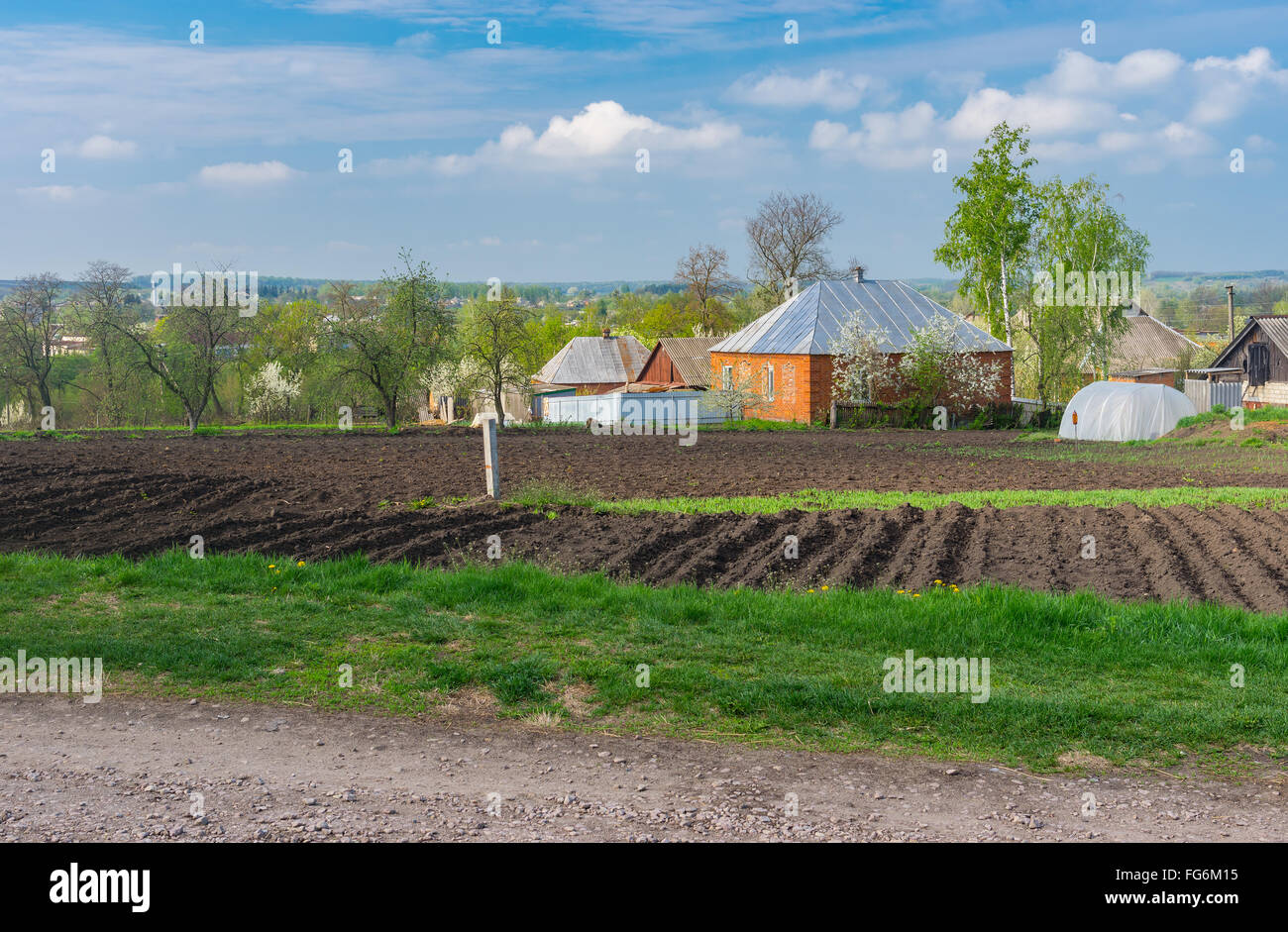 Spring landscape with peasant houses in Boromlya village, Sumskaya ...