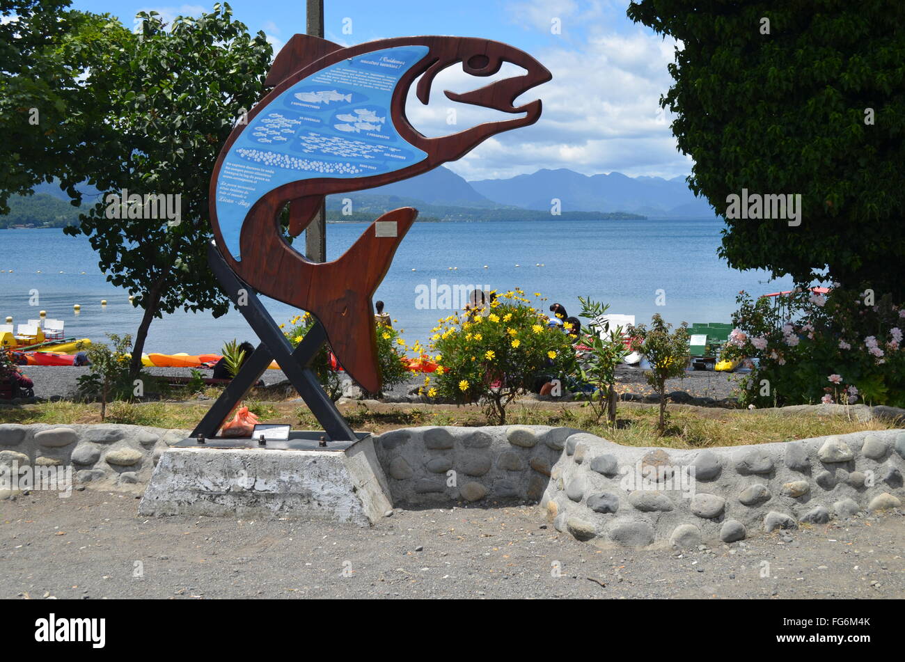 Salmon sculpture overlooking Lake Calafquen in the patagonian town of ...