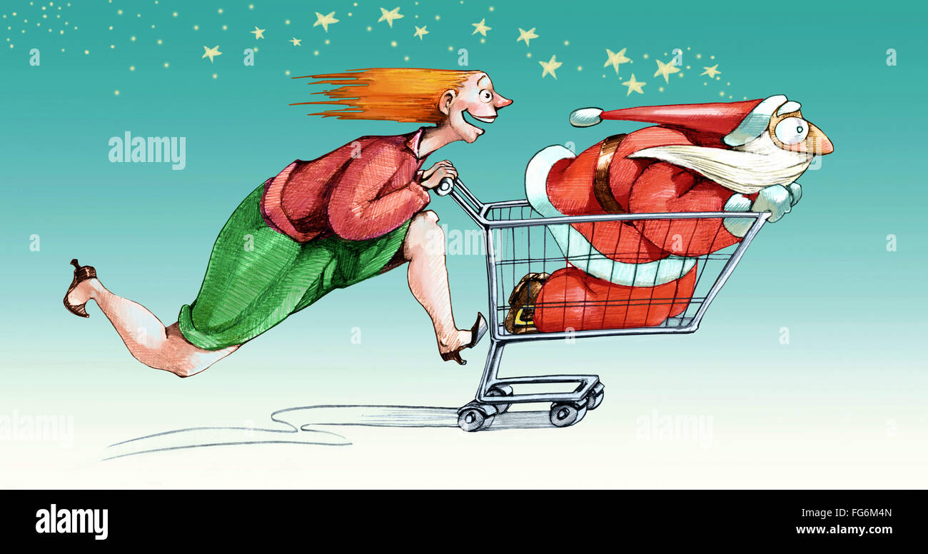 A woman excited fast pushes a cart in a Santa Claus with a little ...
