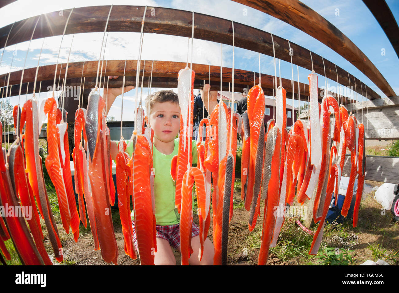 Boy looking at drying rack of salmon at fish camp in Bristol Bay ...
