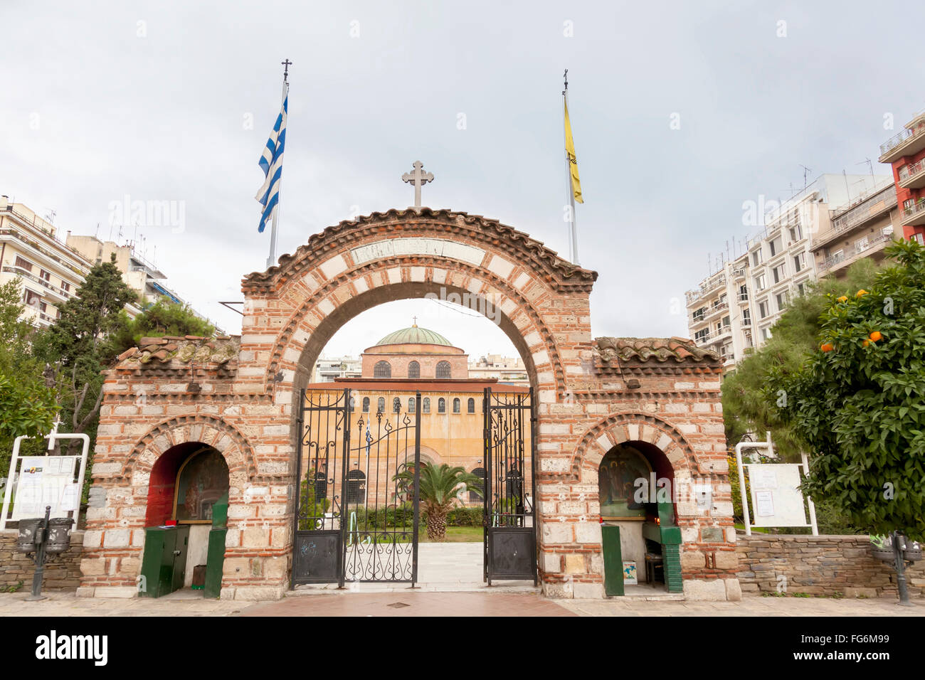 Arched entrance and gate to Hagia Sophia church; Thessaloniki, Greece ...