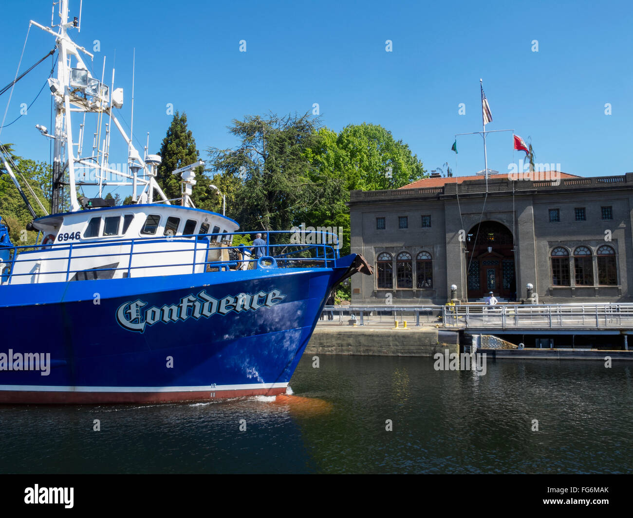 A fishing boat floats in a lock, Ballard Locks, Seattle, Washington ...