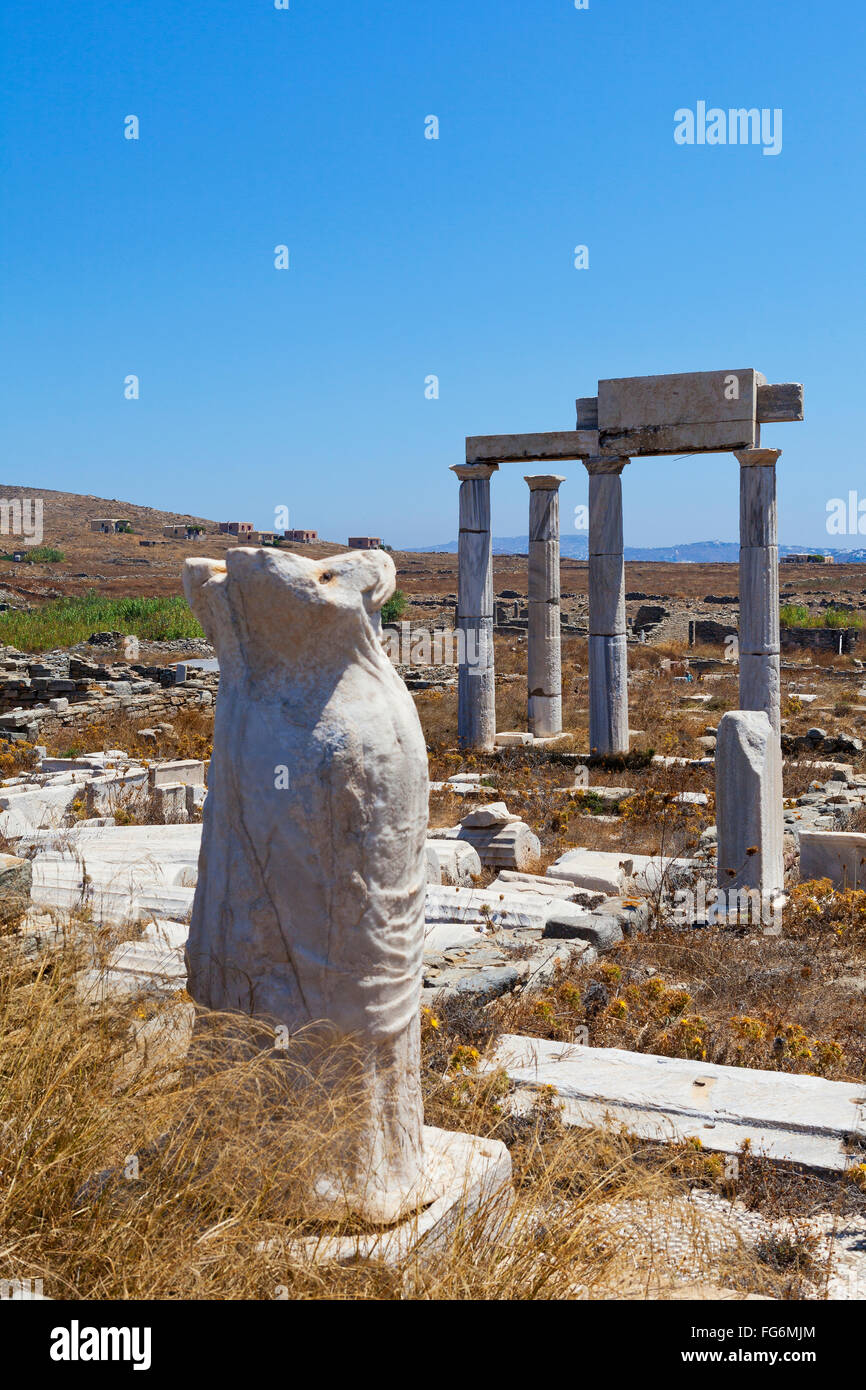Columns and ruins at archeological site of the island of Delos; Greece ...