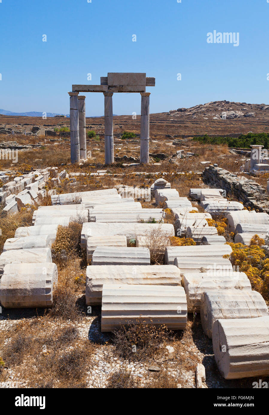 Columns and ruins at archeological site of the island of Delos; Greece ...
