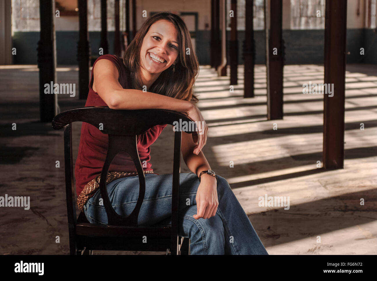 Portrait of a bi-racial Native American young woman laughing; Pittsboro ...