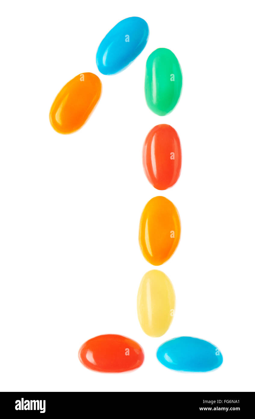 "1" number made of multicolored candies isolated on white background ...