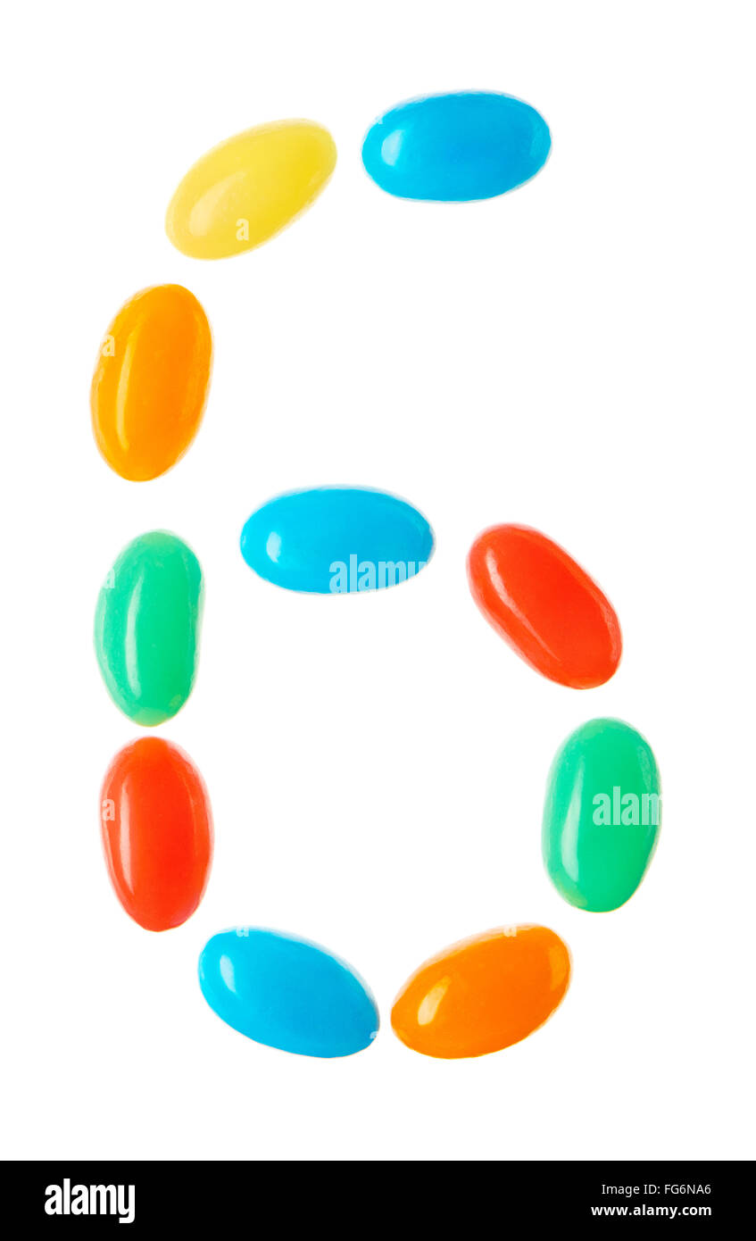 "6" number made of multicolored candies isolated on white background ...