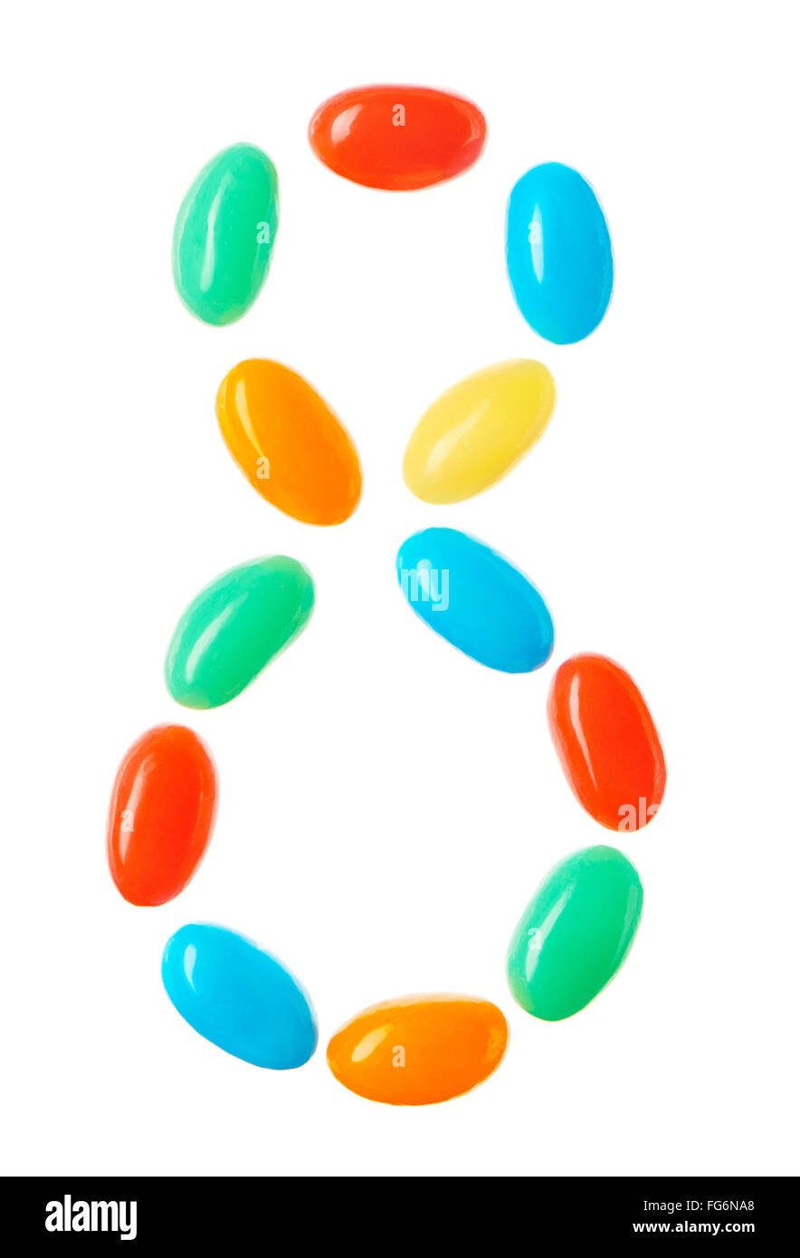 "8" number made of multicolored candies isolated on white background ...