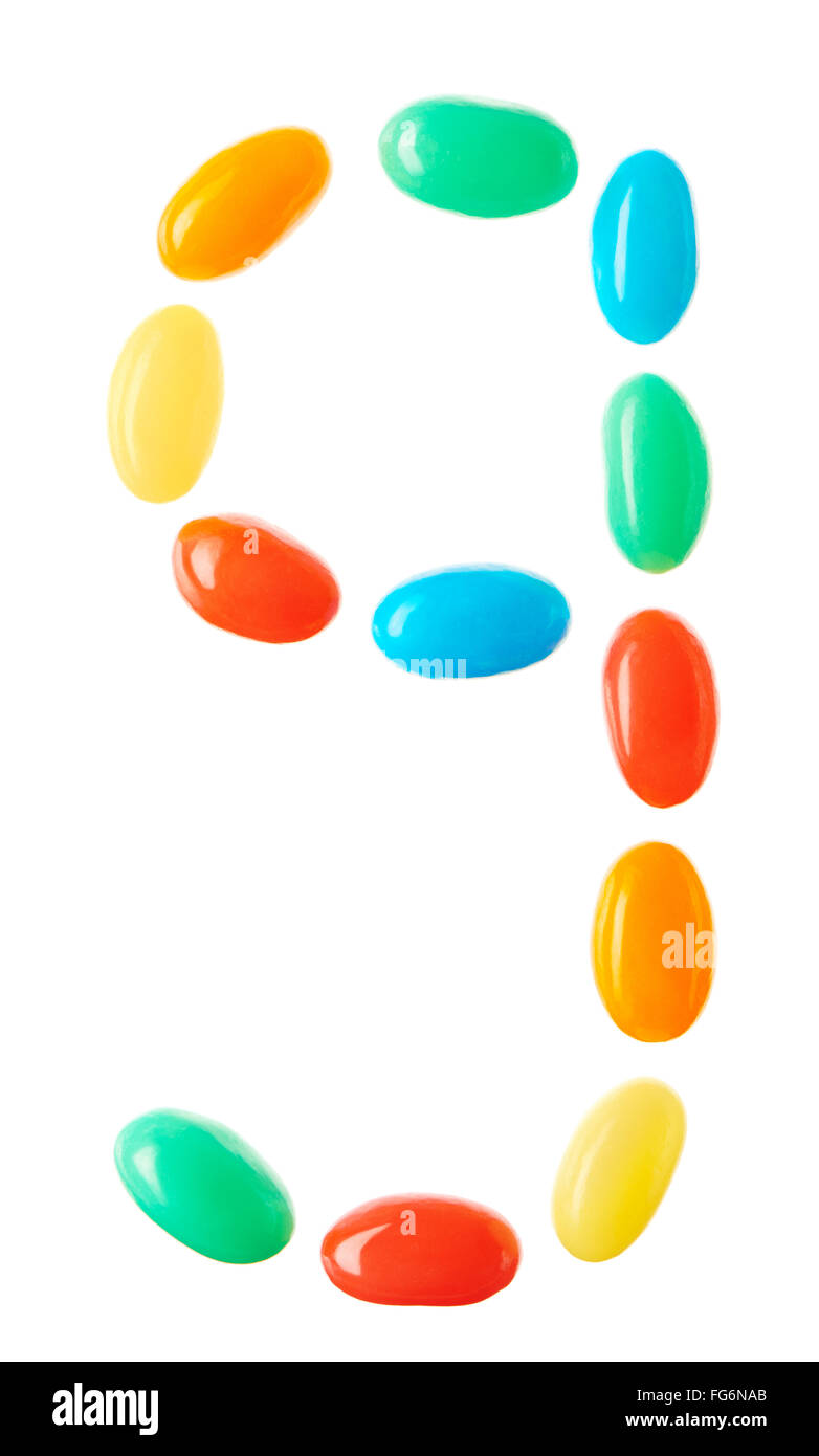 "9" number made of multicolored candies isolated on white background ...