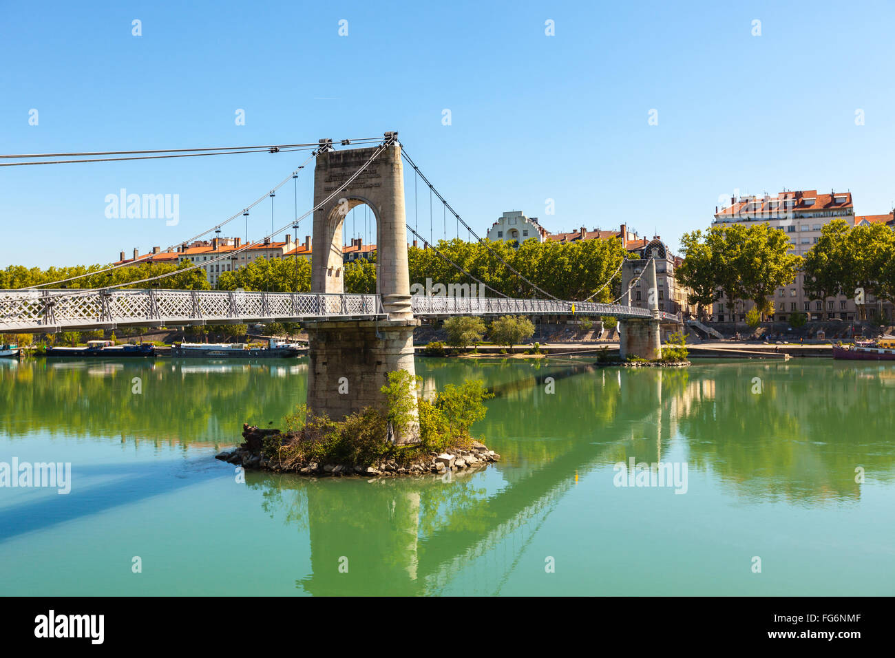 Old Passerelle du College bridge over Rhone river in Lyon, France ...