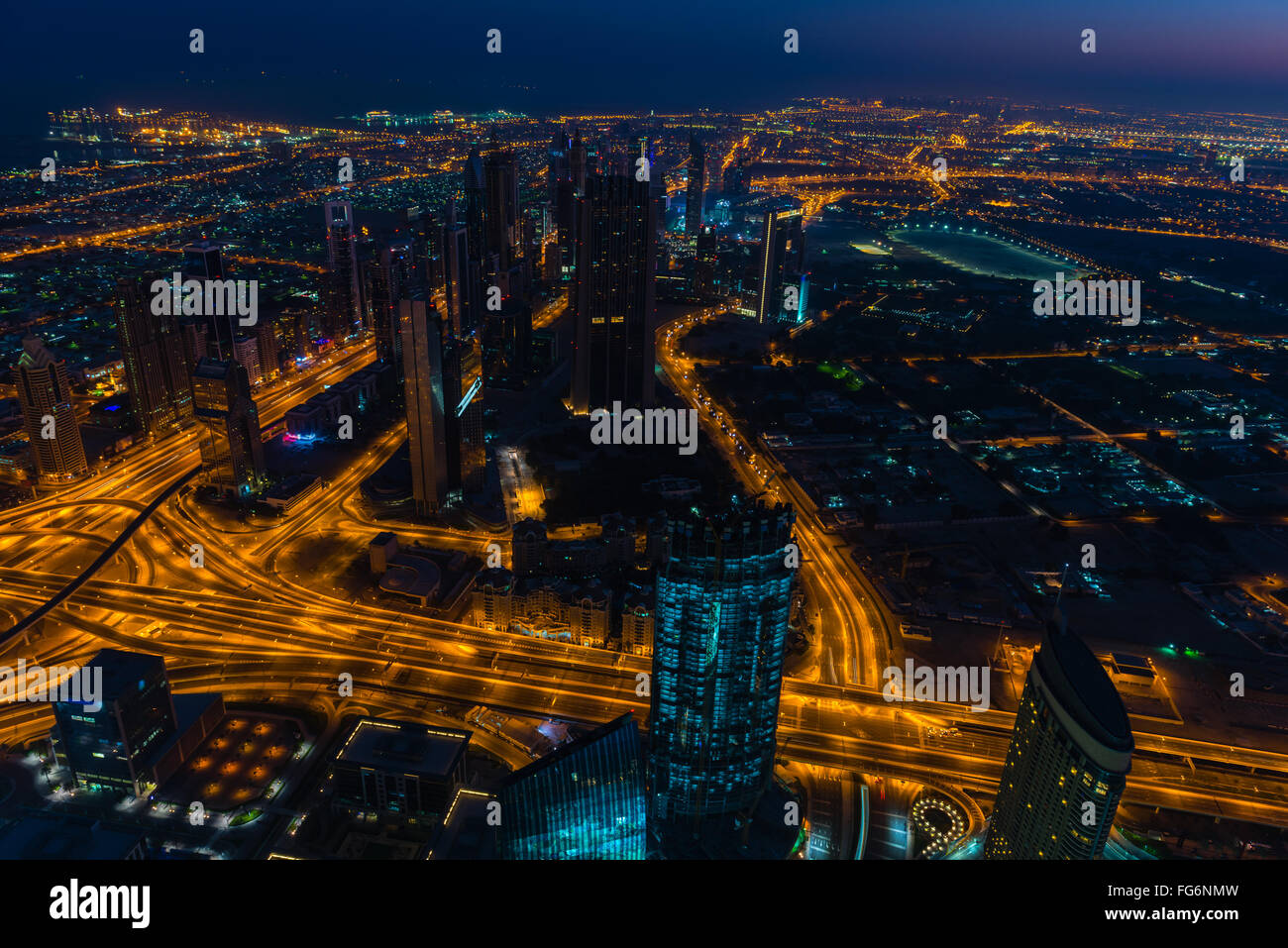Dubai downtown night scene with city lights. Top view from above Stock ...