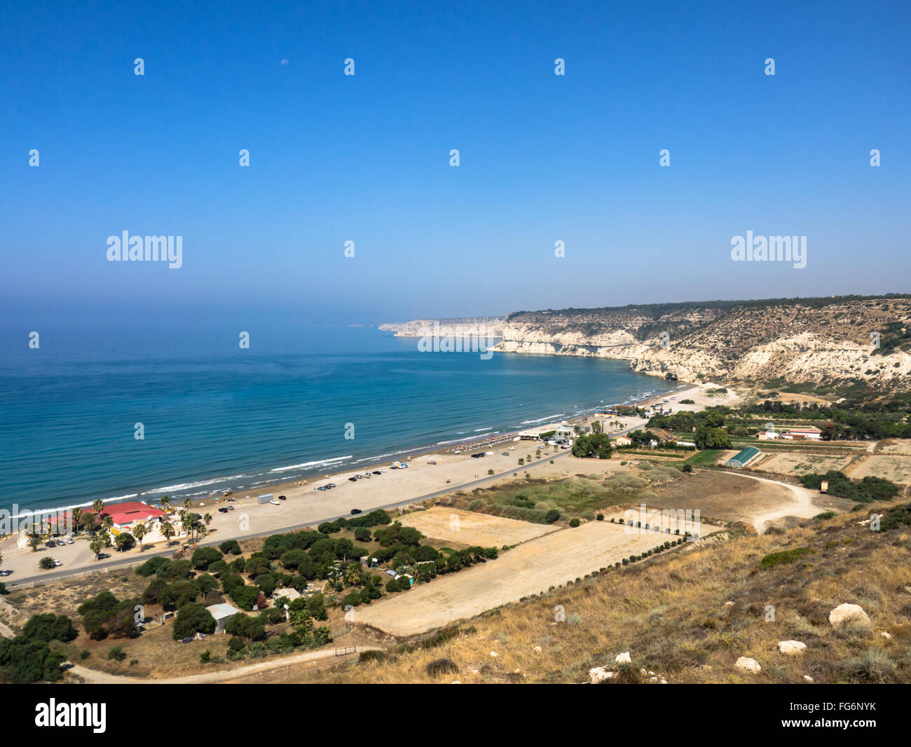 The View along Kourion beach as seen from the UNESCO heritage site at ...