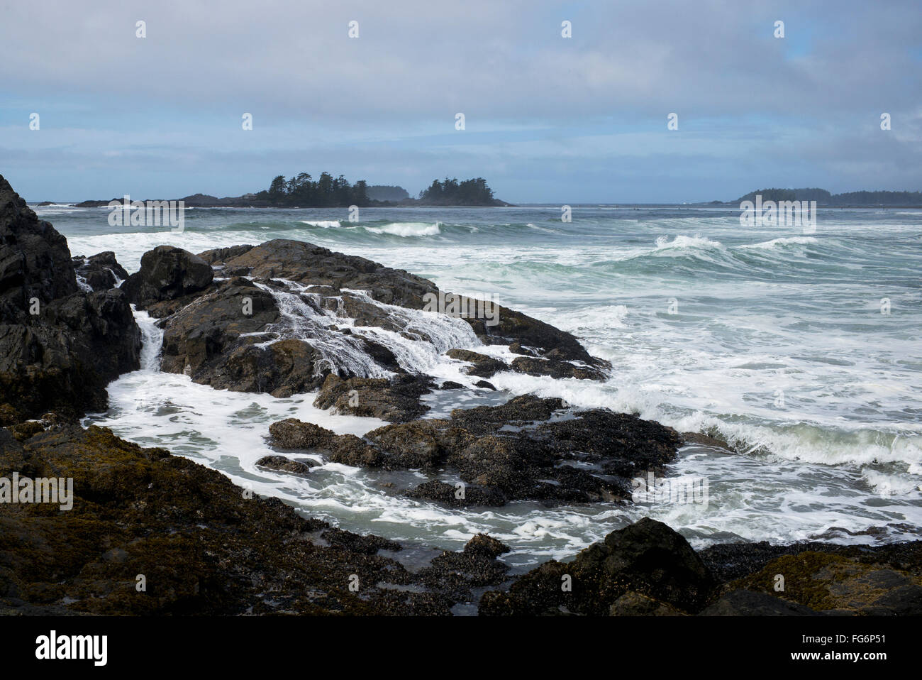 Waves washing over rocks and waves along the coastline under a cloudy ...