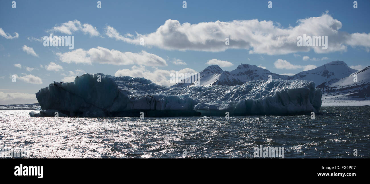 Backlit iceberg floating in the ocean; Spitsbergen, Svalbard, Norway ...