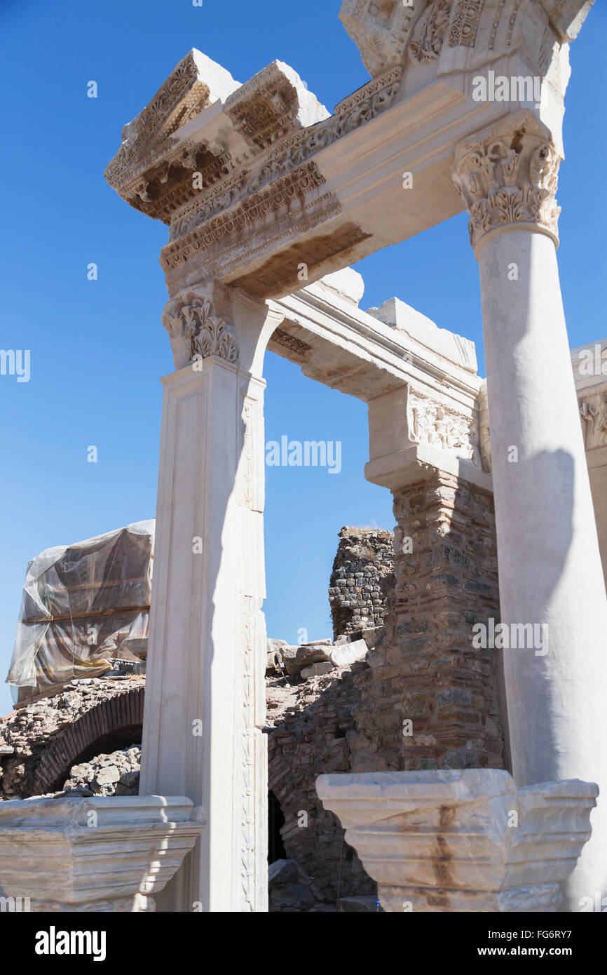 A close up look at reconstructed columns of the Ephesus ancient city ...
