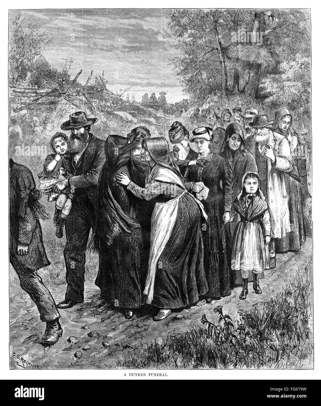 DUNKER FUNERAL, 1875. /nA German Baptist funeral. Wood engraving ...