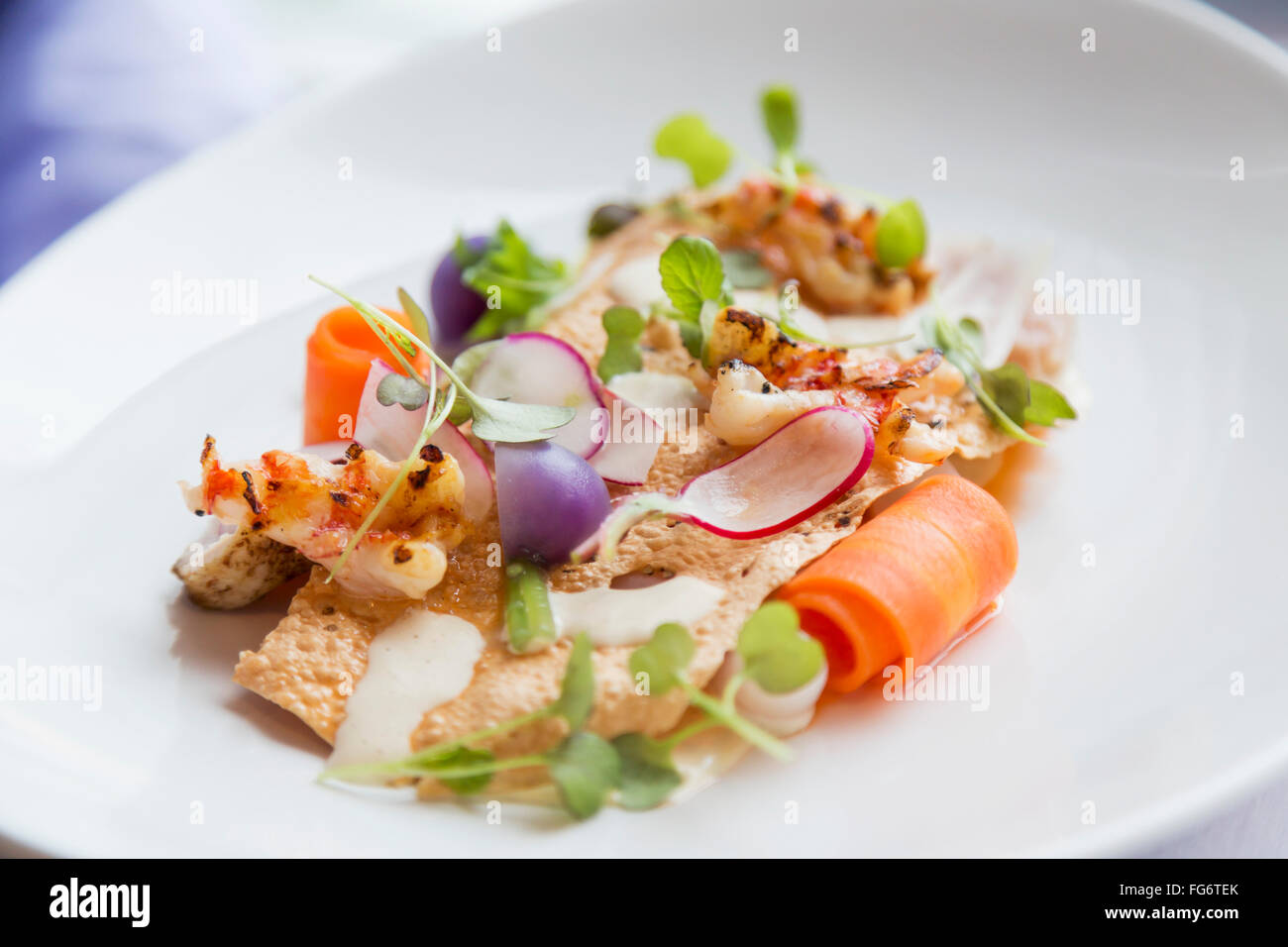 A healthy prepared fine dining fresh salad of greens, root vegetables ...