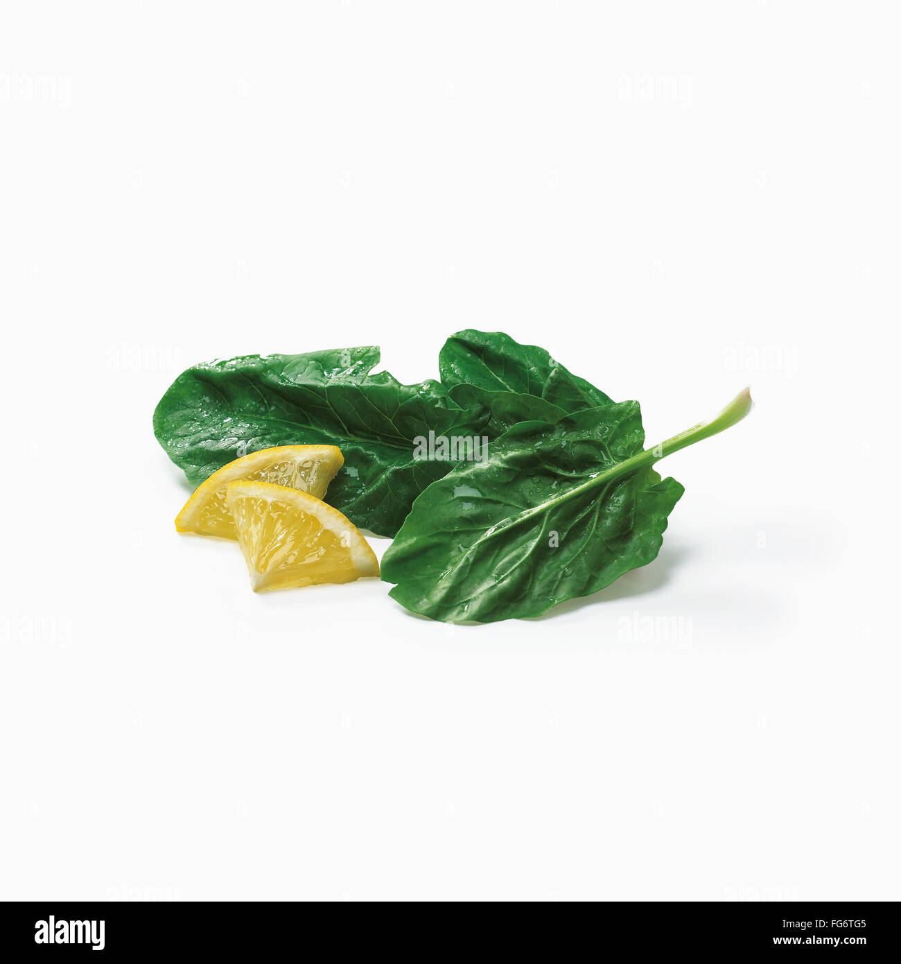 Leaves of lettuce and small pieces of lemon on a white background ...