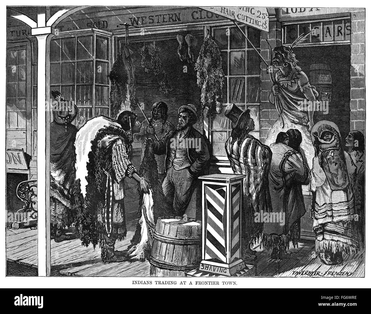 TRADING POST, 1875. /nNative Americans at a frontier trading post. Wood ...