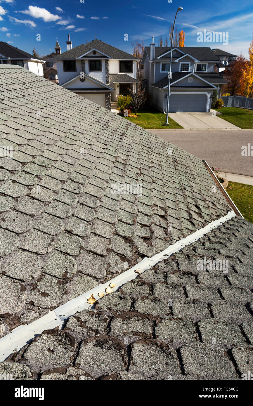 Detail of well worn rounded roof shingles with neighbourhood houses ...