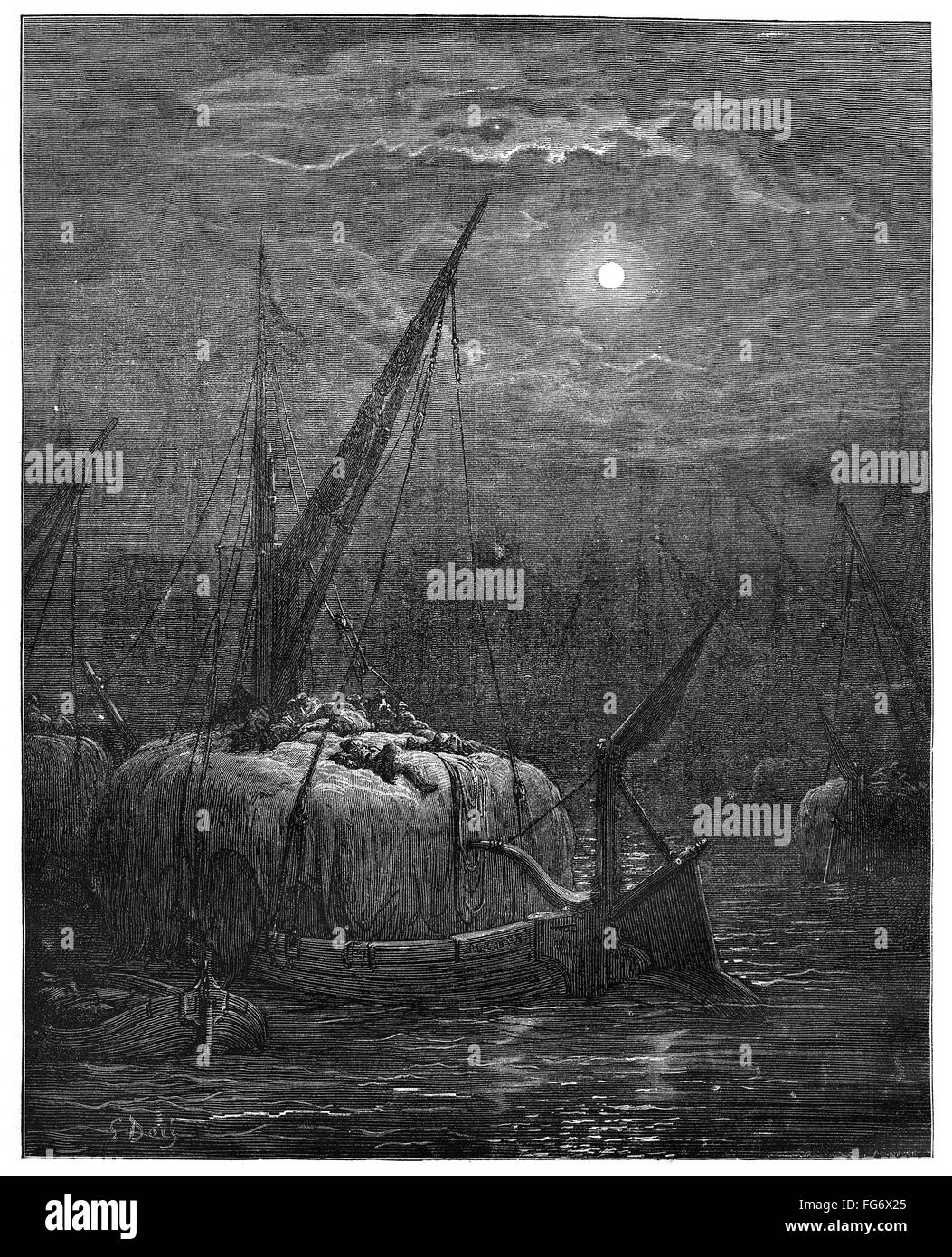DOR╔: LONDON, 1872./n'Hay-boats on the Thames.' Wood engraving after ...