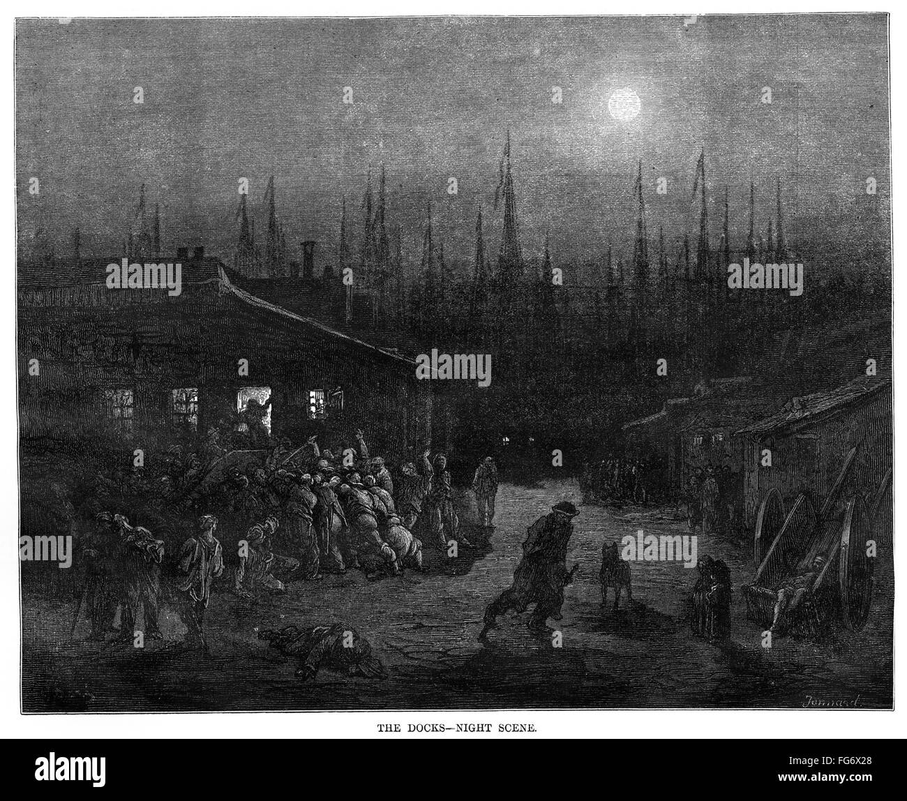 DOR╔: LONDON, 1872./n'The Docks - Night Scene.' Wood engraving after ...