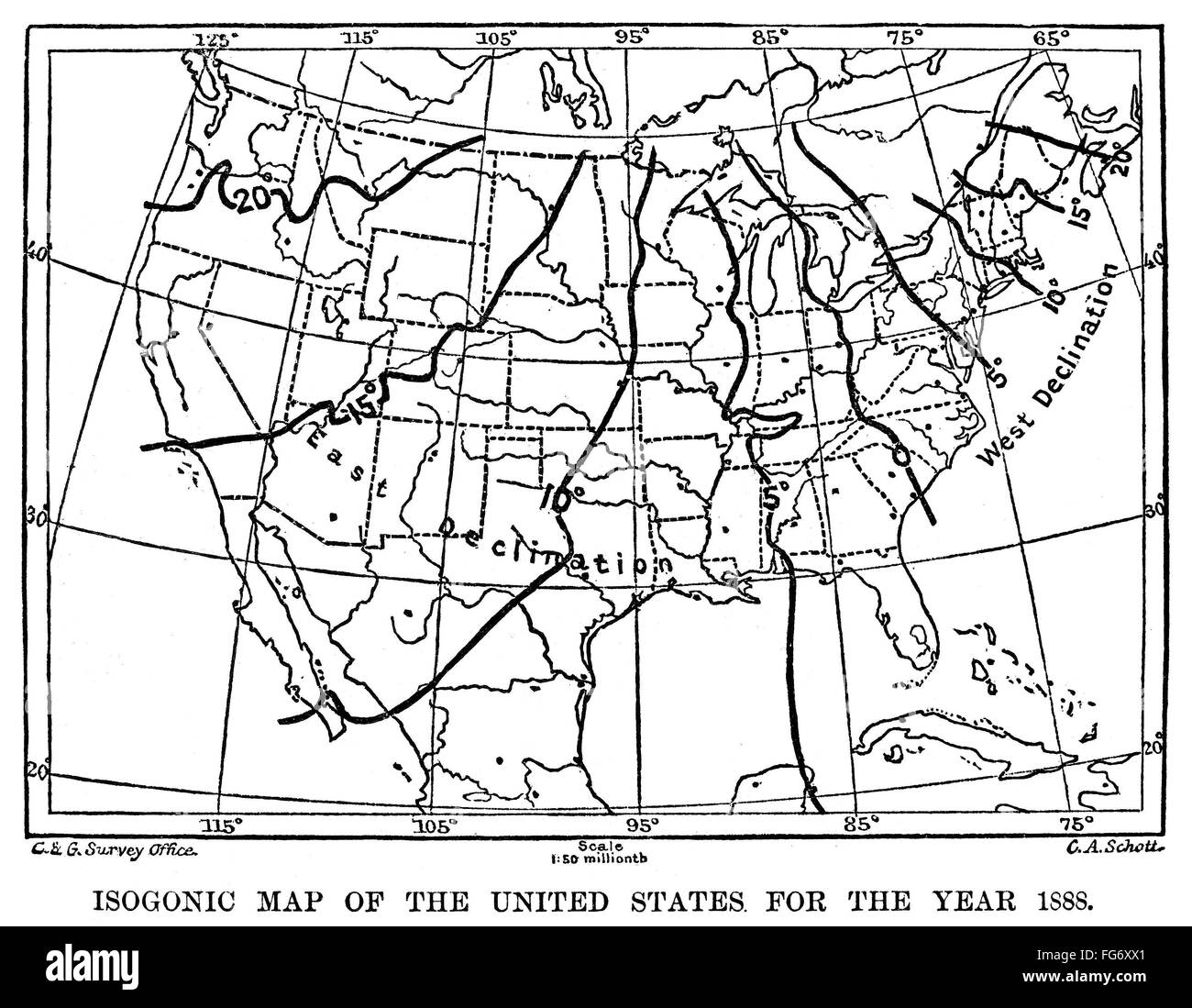 ISOGONIC MAP, 1888. /nIsogonic map showing the lines of magnetic ...