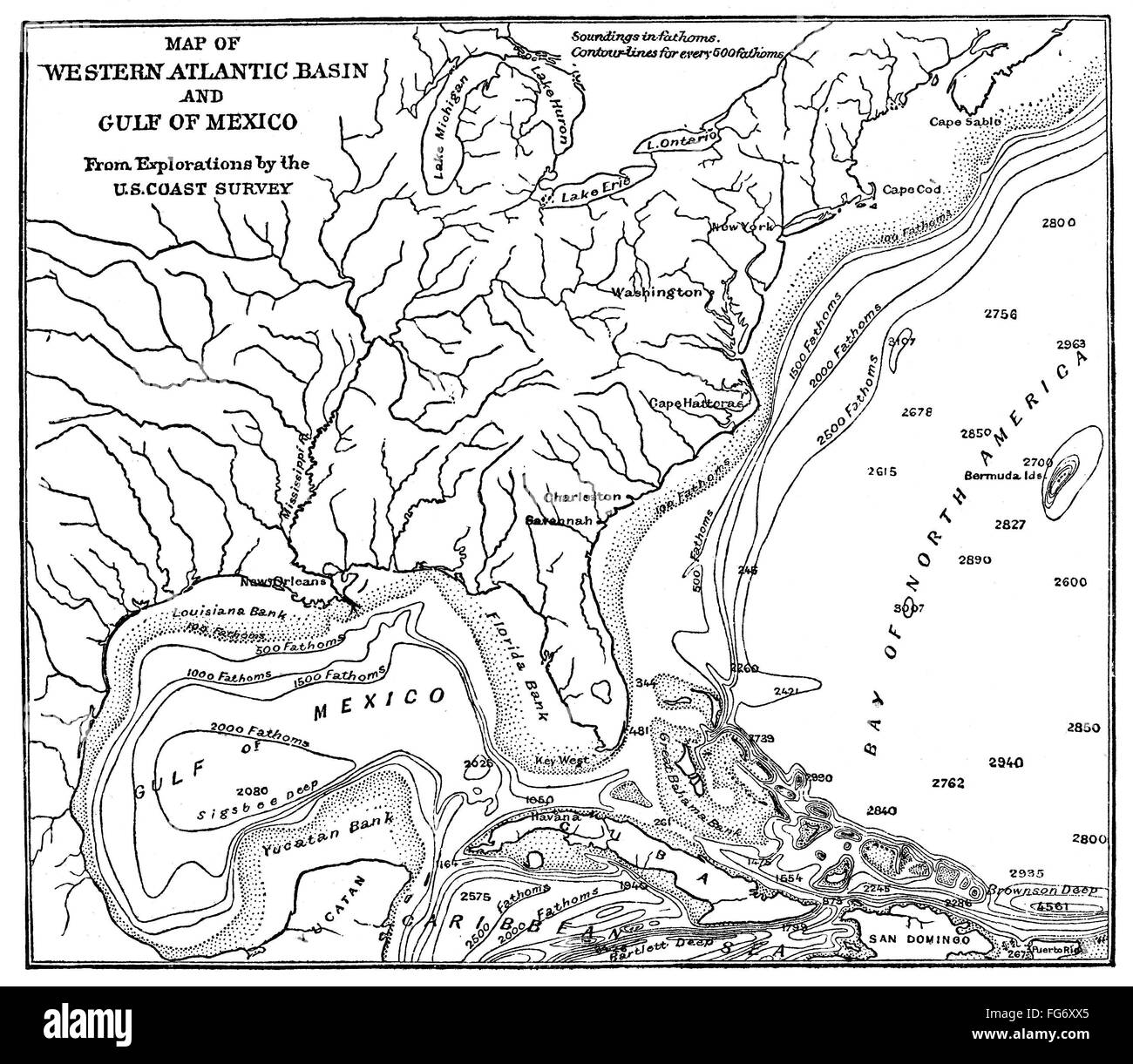 OCEAN DEPTHS, 1888. /nMap showing the depths of the Western Atlantic ...