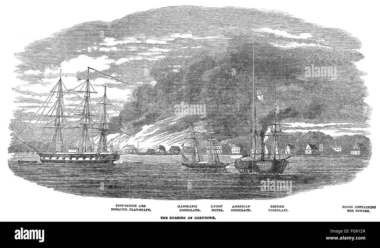 NICARAGUA: SAN JUAN, 1854. /nThe burning of the city of San Juan de ...