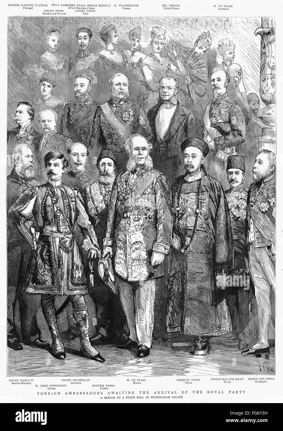 LONDON: AMBASSADORS, 1887. /nForeign ambassadors at Buckingham Palace ...