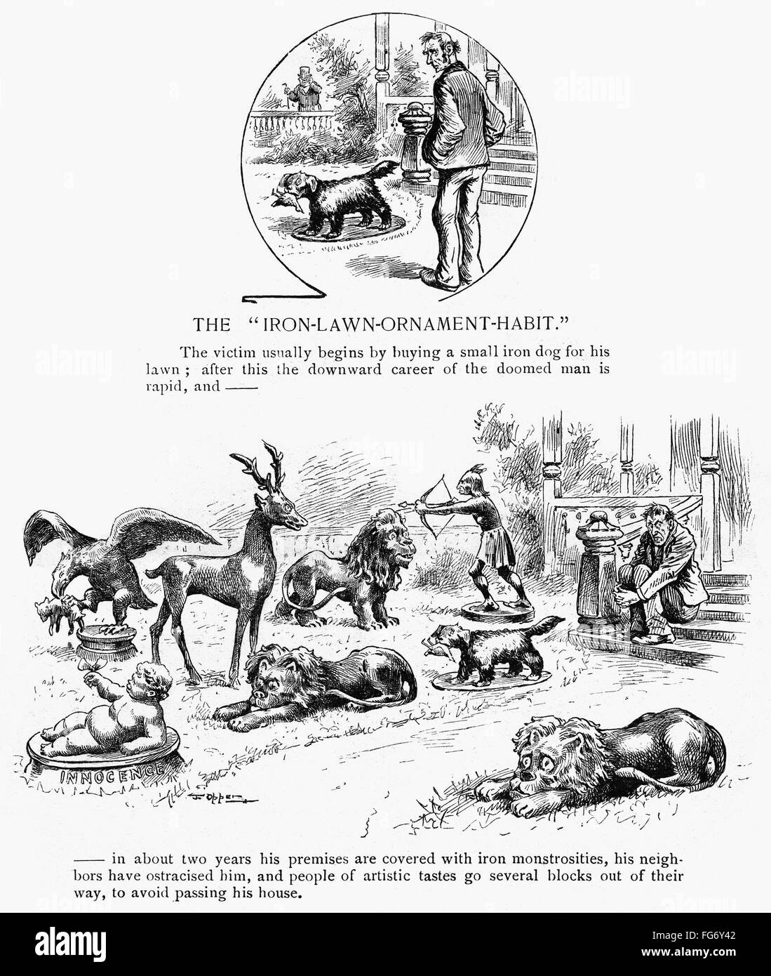 LAWN ORNAMENTS, 1889. /nAmerican cartoon of a man who bought too many ...