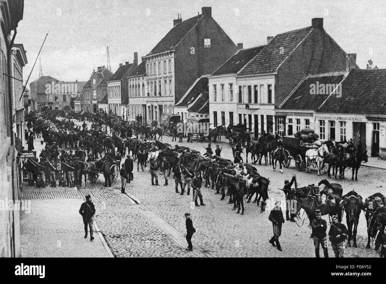 WWI: BELGIAN ARMY, c1914. /nBelgian chasseurs marching through Deinze ...