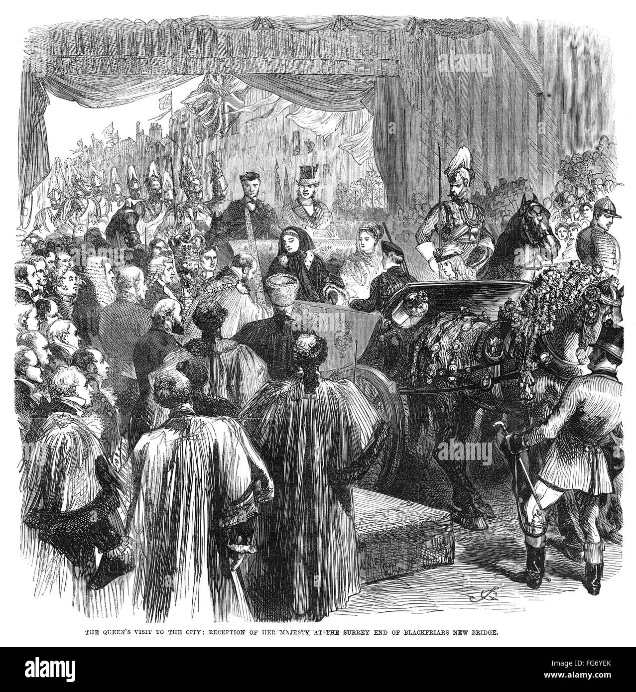 QUEEN VICTORIA (1819-1901). /nCrossing Blackfriar's bridge in London ...