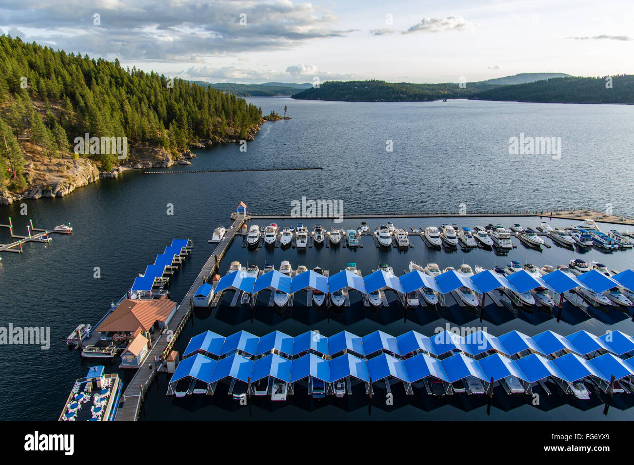 Overhead view of the small boat anchorage on Coeur D'Alene Lake. Couer ...