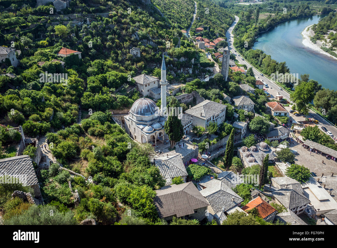 Aerial view from Pocitelj fortress with Hajji Alija Mosque, Sahat Kula ...