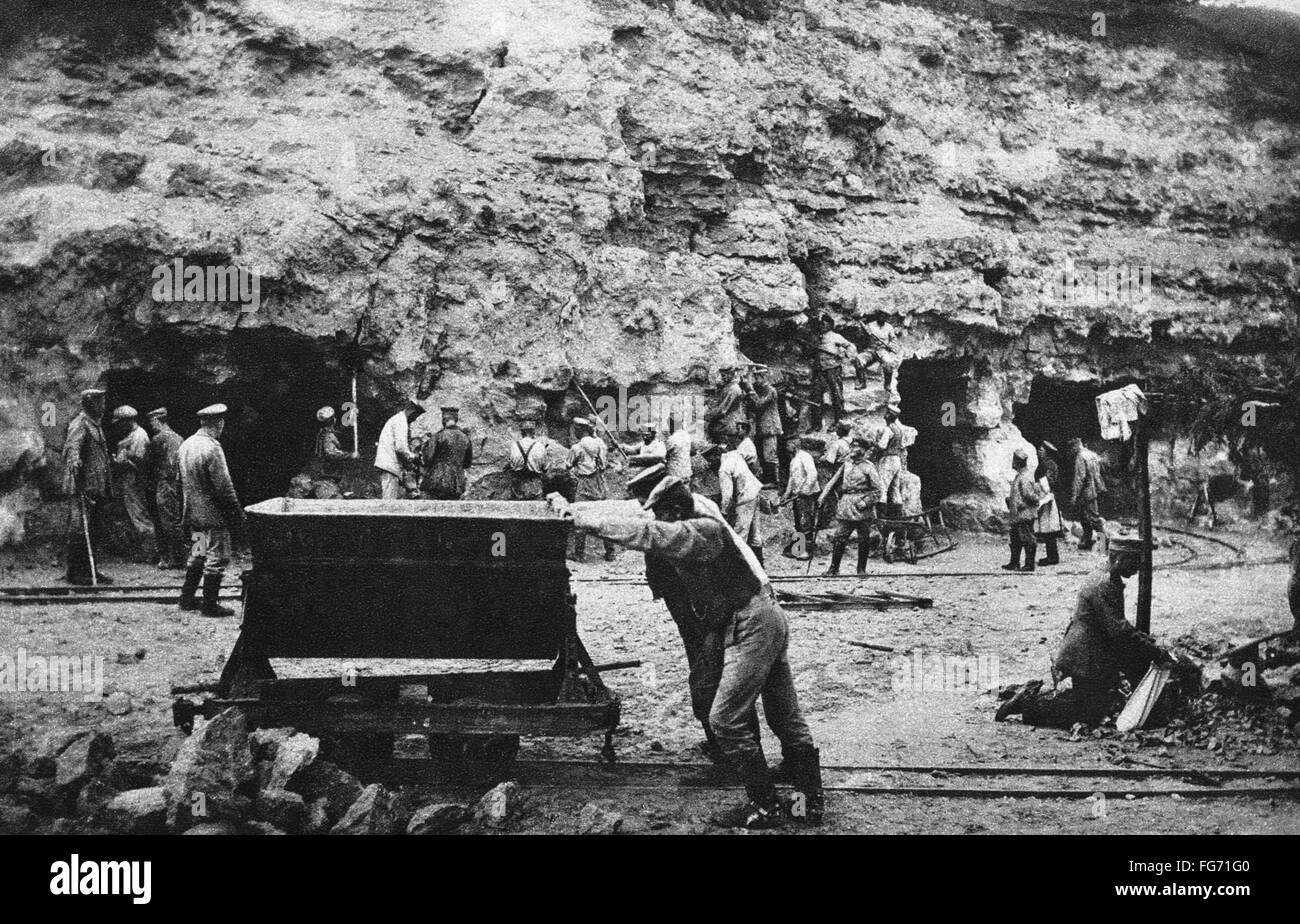 WORLD WAR I: QUARRY. /nGerman troops digging caves inside a quarry for ...