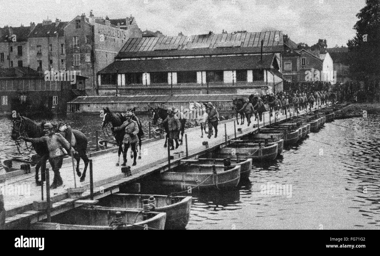 WORLD WAR I: PONTOON BRIDGE. /nFrench cavalrymen leading their horses ...