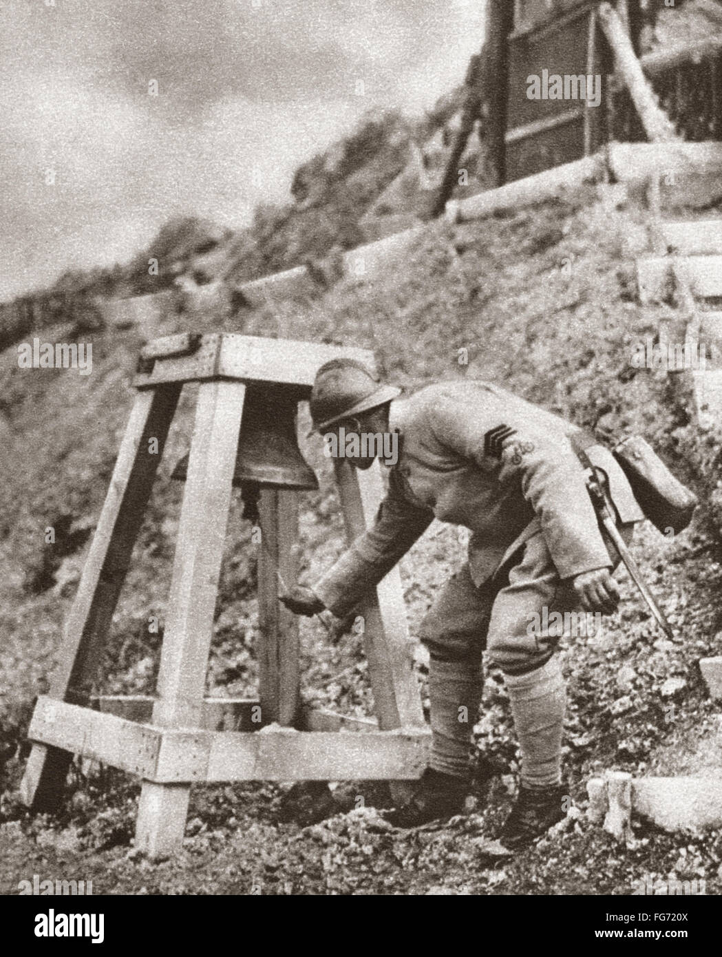 WORLD WAR I: GAS WARFARE. /nSoldier ringing a bell to warn of an ...