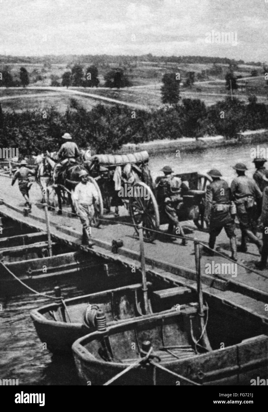 WORLD WAR I: PONTOON BRIDGE. /nAmerican troops passing over the Marne ...